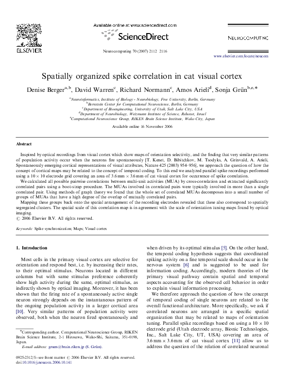 (PDF) Spatially organized spike correlation in cat visual cortex