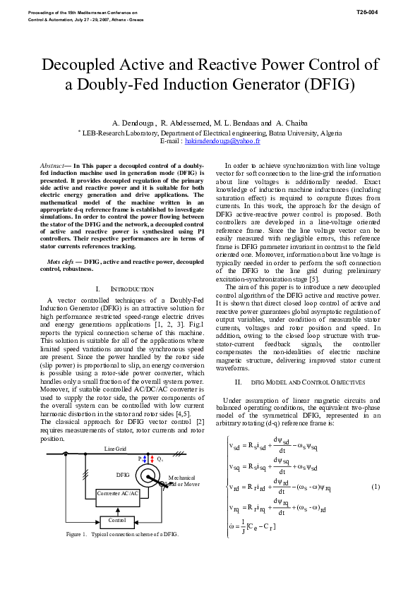 Pdf Decoupled Active And Reactive Power Control Of A Doubly Fed Induction Generator Dfig