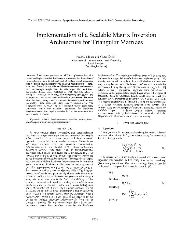 Pdf Implementation Of A Scalable Matrix Inversion Architecture For Triangular Matrices