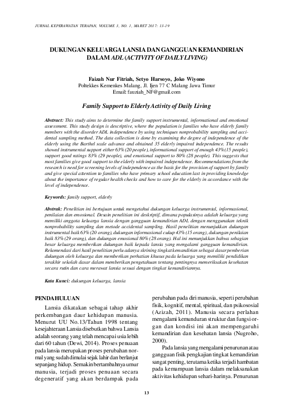 (PDF) Dukungan Keluarga Lansia dan Gangguan Kemandirian Dalam ADL (Activity Of Daily Living)