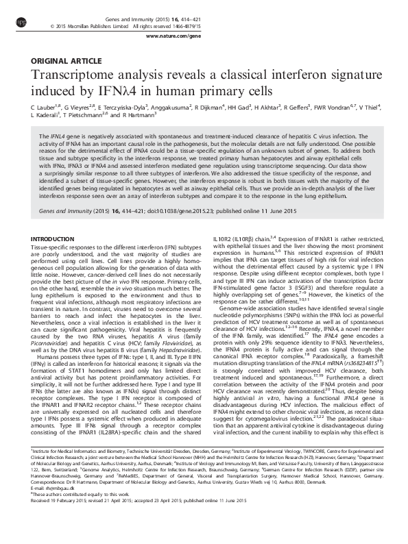 (PDF) Transcriptome analysis reveals a classical interferon signature induced by IFNλ4 in human ...
