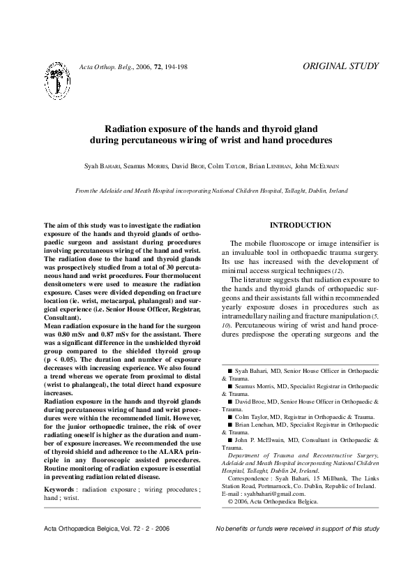 (PDF) Radiation exposure of the hands and thyroid gland during ...
