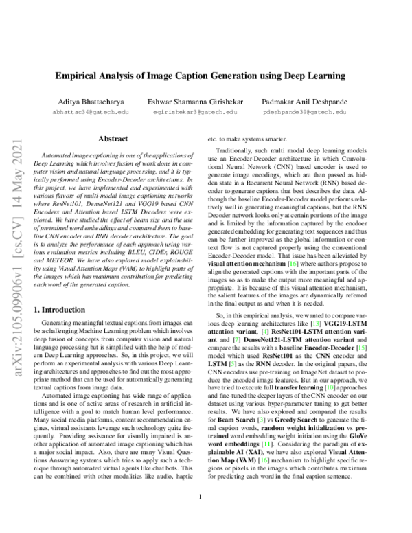 (PDF) Empirical Analysis of Image Caption Generation using Deep Learning