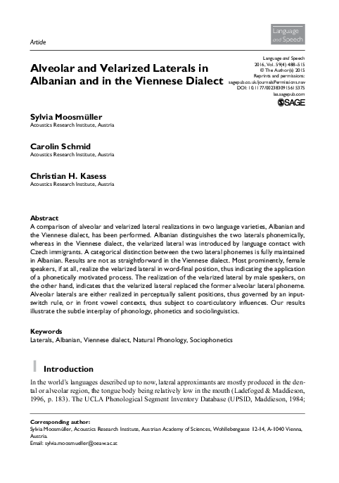 (PDF) Alveolar and Velarized Laterals in Albanian and in the Viennese ...
