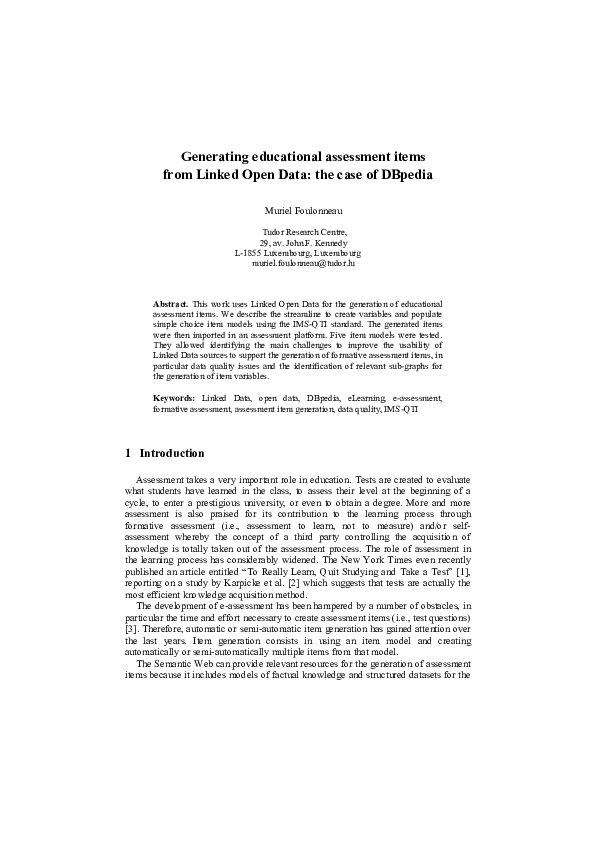 (PDF) Generating Educational Assessment Items from Linked Open Data: The Case of DBpedia