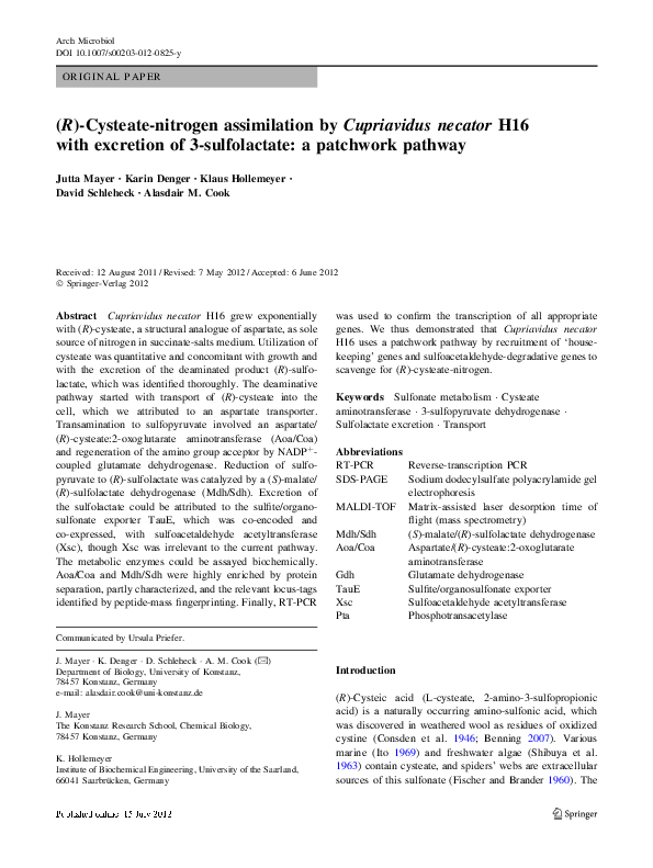 (PDF) (R)-Cysteate-nitrogen assimilation by Cupriavidus necator H16 ...