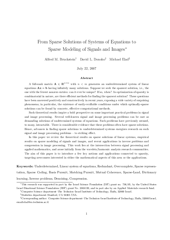 Pdf From Sparse Solutions Of Systems Of Equations To Sparse Modeling Of Signals And Images