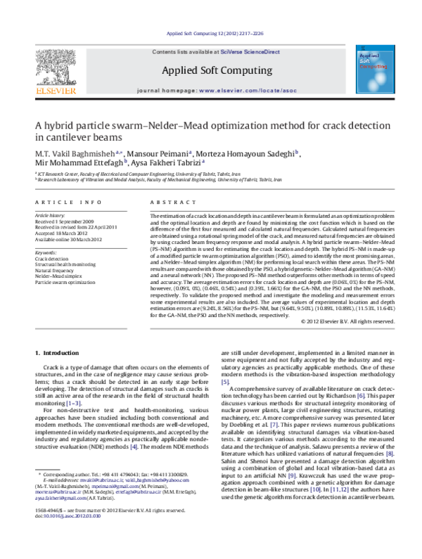 (PDF) A hybrid particle swarm–Nelder–Mead optimization method for crack detection in cantilever ...