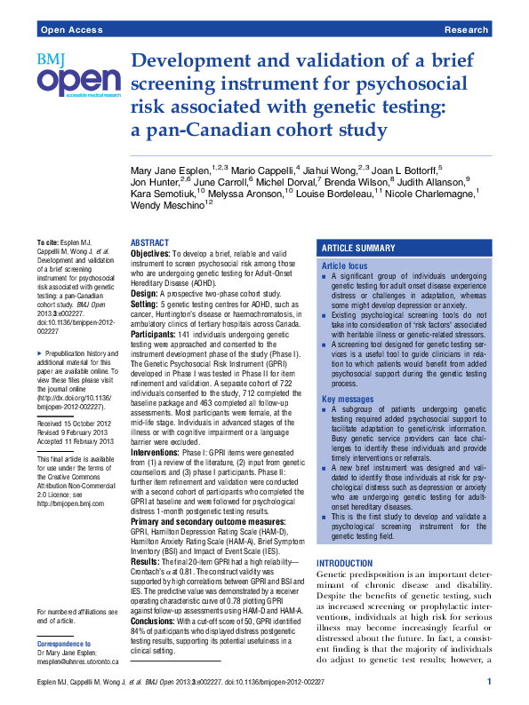 (PDF) Development and validation of a brief screening version of the ...