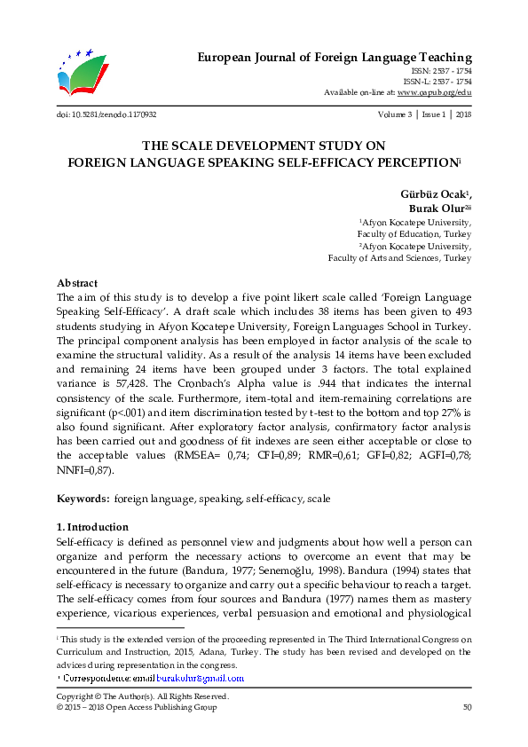 (PDF) The Scale Development Study on Foreign Language Speaking Self-Efficacy Perception