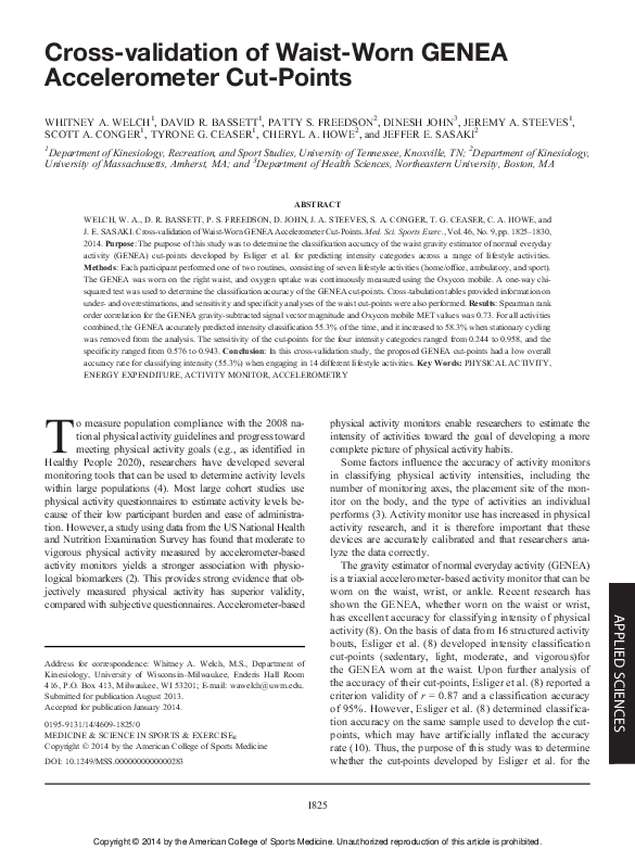 (PDF) Cross-validation of Waist-Worn GENEA Accelerometer Cut-Points | Tyrone Ceaser - Academia.edu