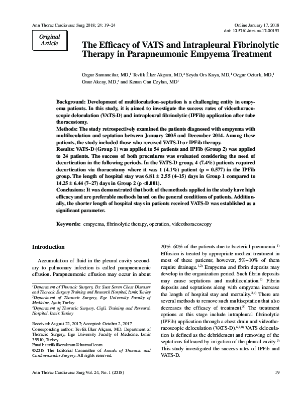 (PDF) The Efficacy of VATS and Intrapleural Fibrinolytic Therapy in ...