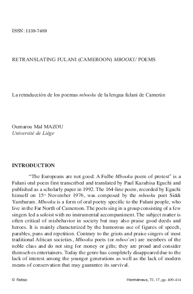 (PDF) Retranslating Fulani (Cameroon) Mbooku poems