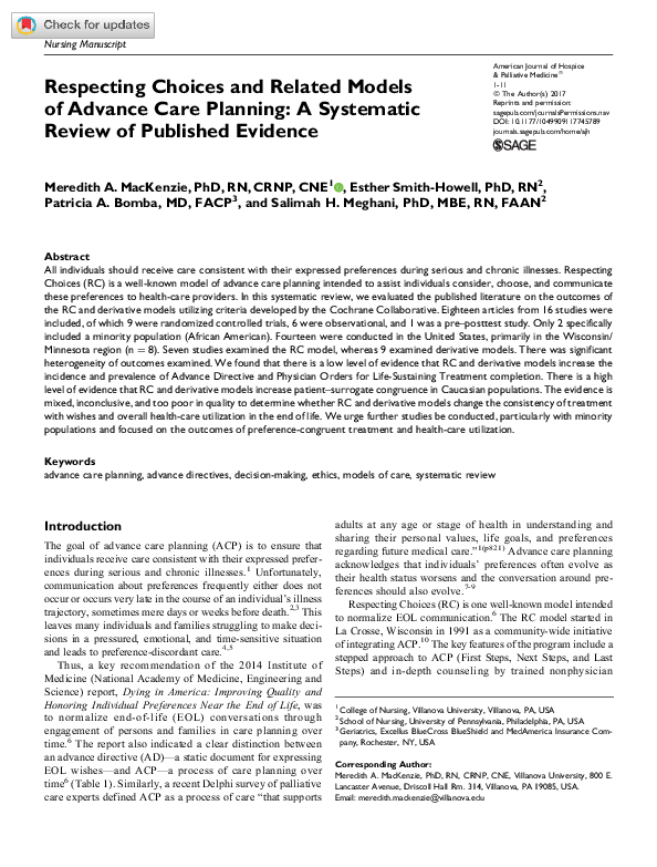 (PDF) Respecting Choices and Related Models of Advance Care Planning: A ...