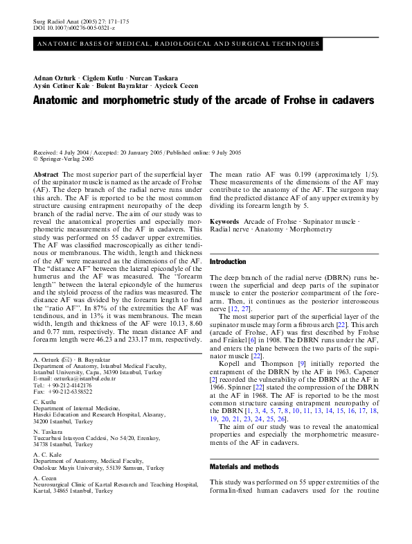 (PDF) Anatomic and morphometric study of the arcade of Frohse in cadavers