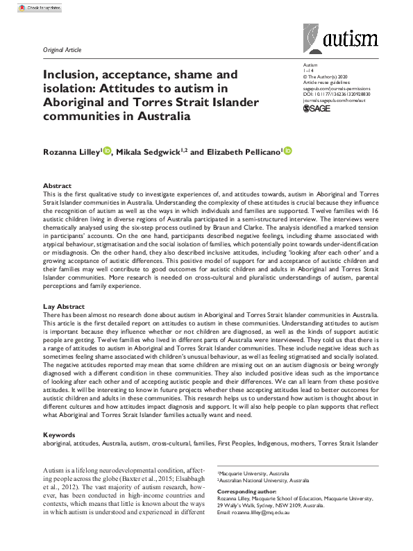 Inclusion, acceptance, shame and isolation: Attitudes to autism in ...