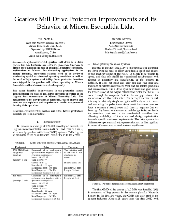(PDF) Gearless Mill Drive Protection Improvements and Its Behaviour at ...
