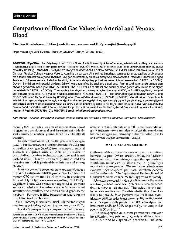 (PDF) Comparison of blood gas values in arterial and venous blood