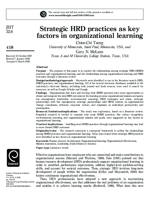 (PDF) Strategic HRD practices as key factors in organizational learning