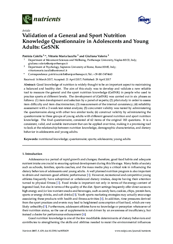 (PDF) Validation of a General and Sport Nutrition Knowledge ...