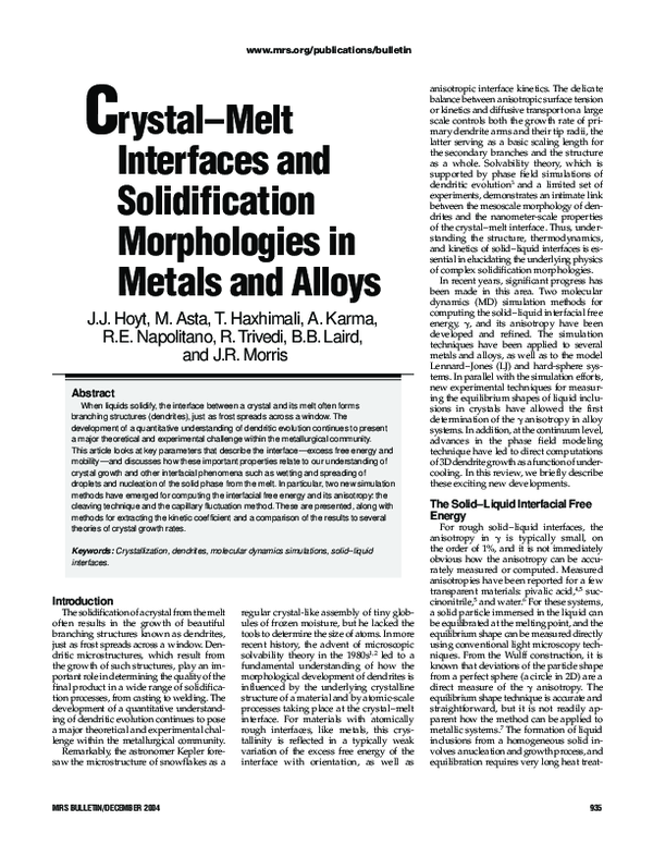 (PDF) Crystal–Melt Interfaces and Solidification Morphologies in Metals ...