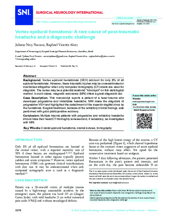 (PDF) Vertex epidural hematoma: A rare cause of post-traumatic headache ...