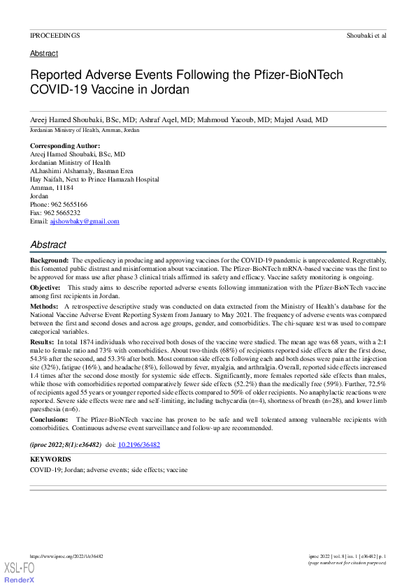 (PDF) Reported Adverse Events Following the Pfizer-BioNTech COVID-19 Vaccine in Jordan