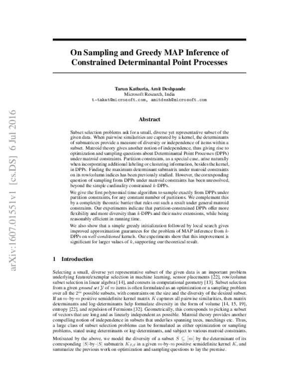 (PDF) On Sampling and Greedy MAP Inference of Constrained Determinantal Point Processes
