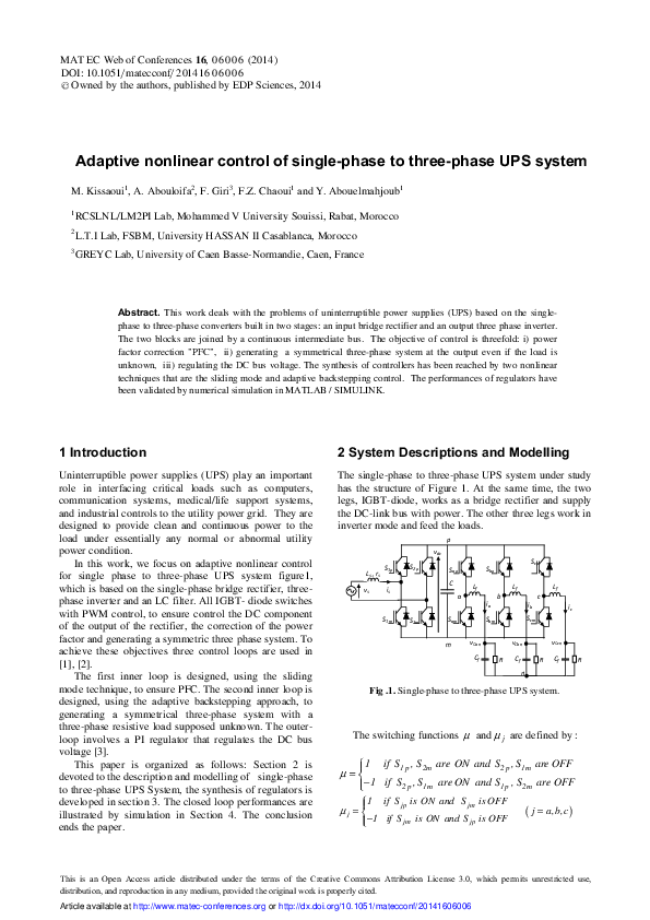(PDF) Adaptive nonlinear control of single-phase to three-phase UPS system