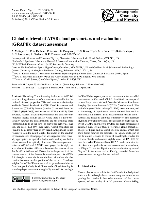 (PDF) Global retrieval of ATSR cloud parameters and evaluation (GRAPE ...