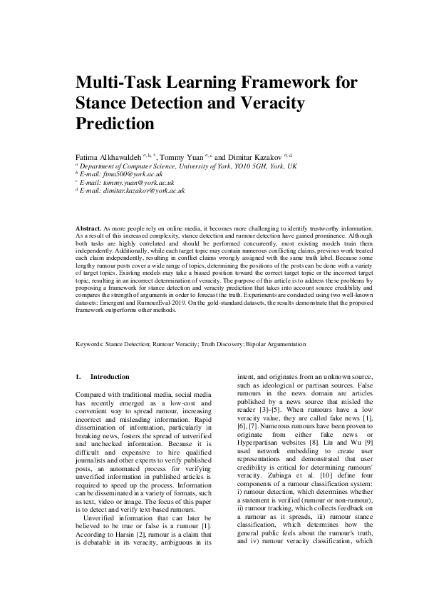 (PDF) Multi-Task Learning Framework for Stance Detection and Veracity Prediction
