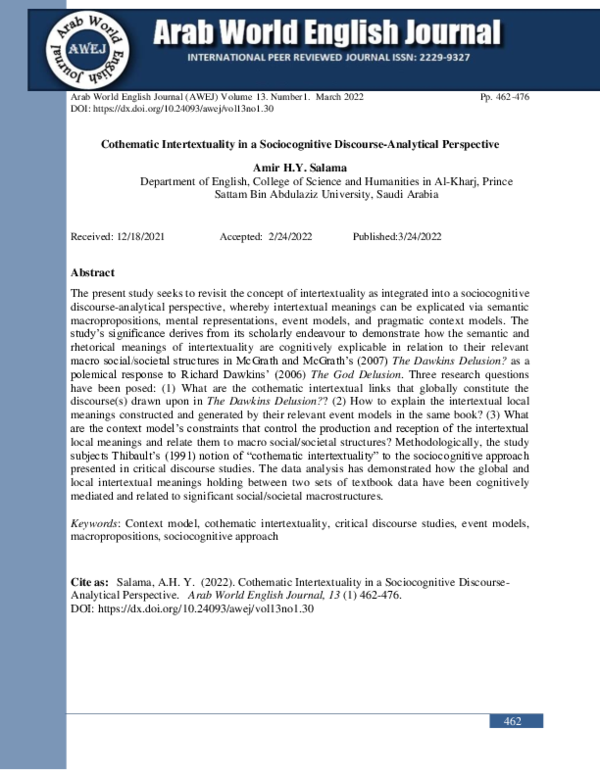 (PDF) Cothematic Intertextuality in a Sociocognitive Discourse ...