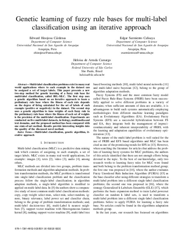 Pdf Genetic Learning Of Fuzzy Rule Bases For Multi Label Classification Using An Iterative