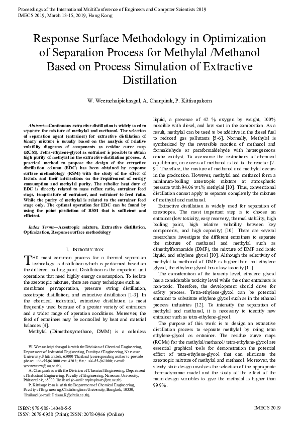 (PDF) Response Surface Methodology in Optimization of Separation Process for Methylal / Methanol ...
