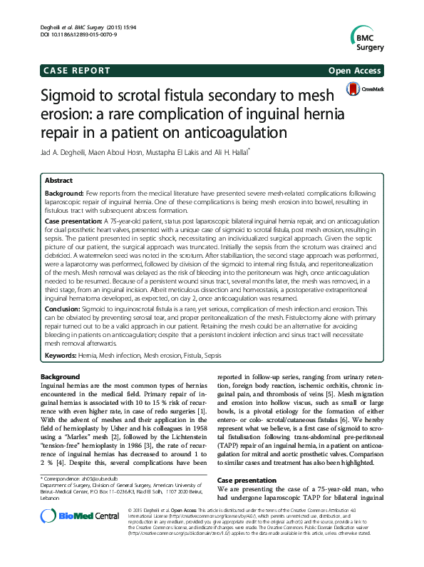 Pdf Sigmoid To Scrotal Fistula Secondary To Mesh Erosion A Rare