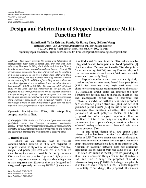 (PDF) Design and Fabrication of Stepped Impedance Multi-Function Filter