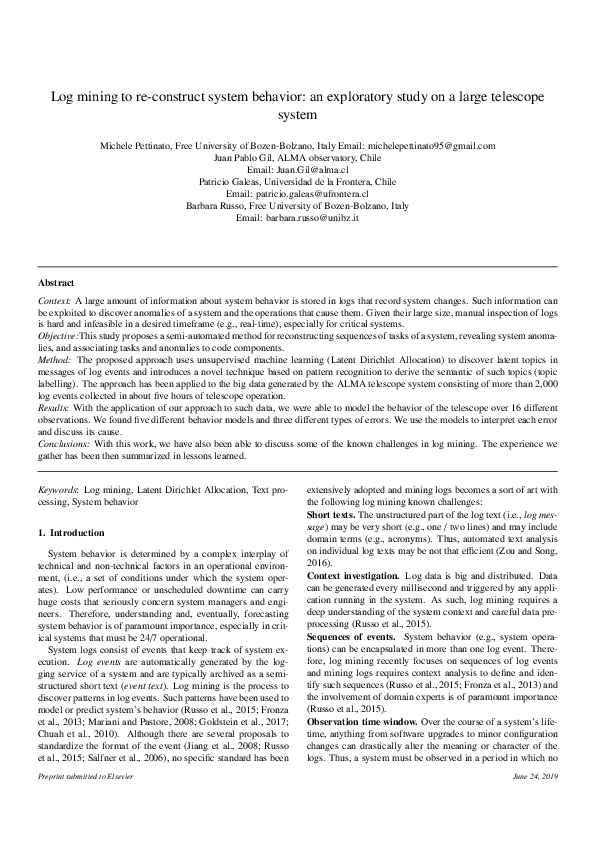 (PDF) Log mining to re-construct system behavior: an exploratory study on a large telescope system