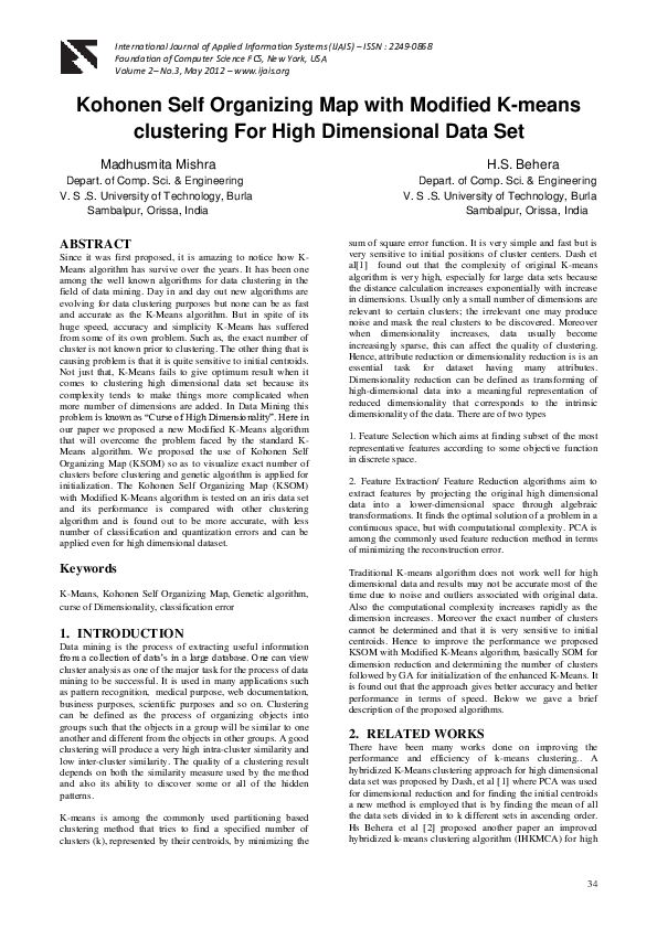 Pdf Kohonen Self Organizing Map With Modified K Means Clustering For High Dimensional Data Set