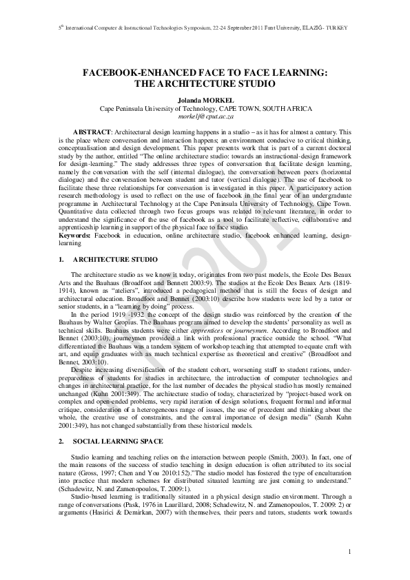 (PDF) Facebook-Enhanced Face to Face Learning: The Architecture Studio