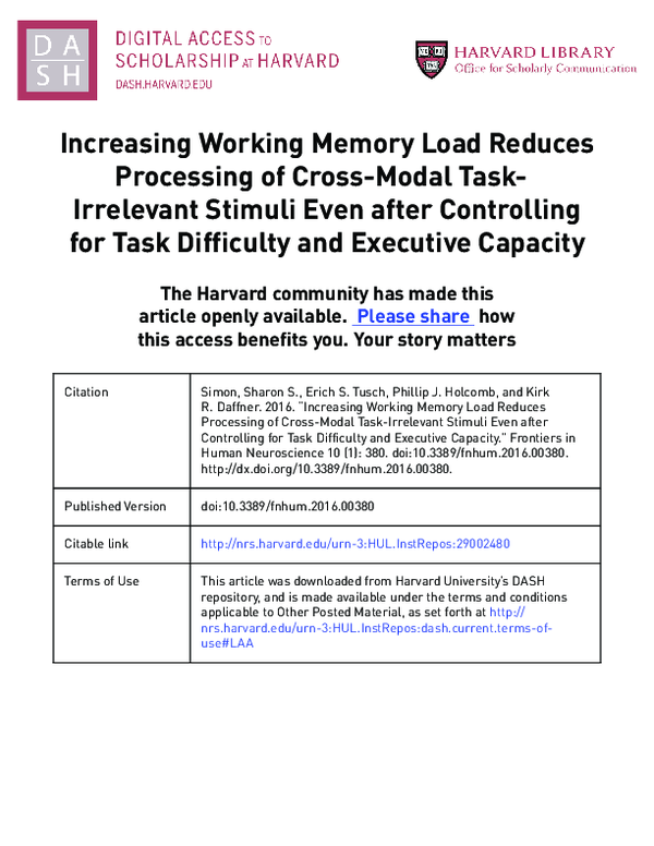 (PDF) Increasing Working Memory Load Reduces Processing of Cross-Modal Task-Irrelevant Stimuli ...