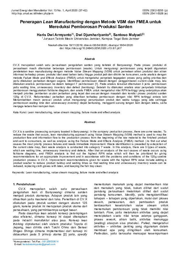 (PDF) Penerapan Lean Manufacturing dengan Metode VSM dan FMEA untuk Mereduksi Pemborosan ...