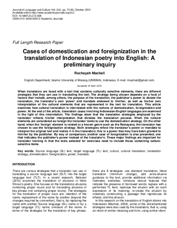 (PDF) Cases of domestication and foreignization in the translation of ...