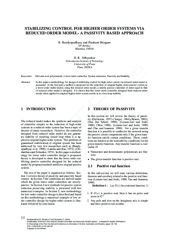 (PDF) Stabilizing Control for Higher Order Systems via Reduced Order ...