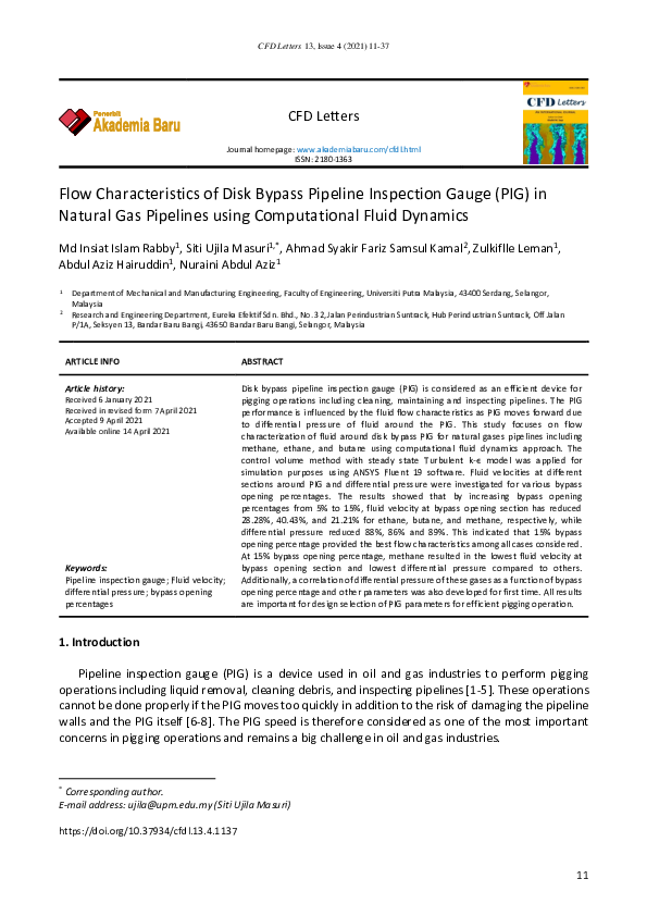 (PDF) Flow Characteristics of Disk Bypass Pipeline Inspection Gauge (PIG) in Natural Gas ...