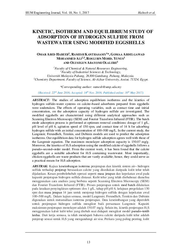 (PDF) Kinetic, Isotherm and Equilibrium Study of Adsorption Capacity of Hydrogen Sulfide ...