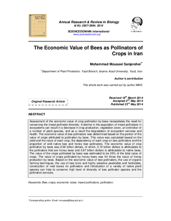 (PDF) The Economic Value of Bees as Pollinators of Crops in Iran