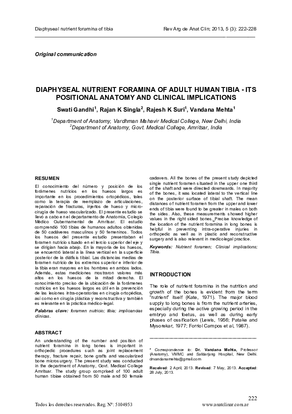 (PDF) DIAPHYSEAL NUTRIENT FORAMINA OF ADULT HUMAN TIBIA - ITS ...