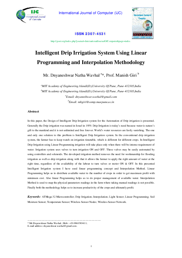 (PDF) Intelligent Drip Irrigation System Using Linear Programming and Interpolation Methodology