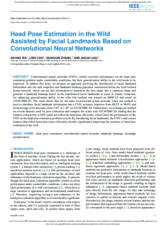 Pdf Head Pose Estimation In The Wild Assisted By Facial Landmarks Based On Convolutional
