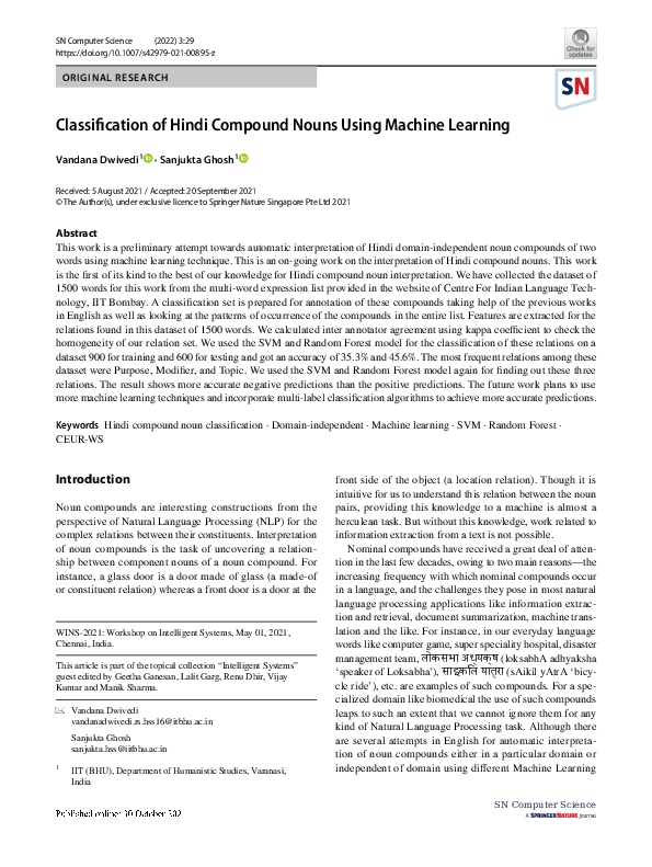 (PDF) Classification of Hindi Compound Nouns Using Machine Learning